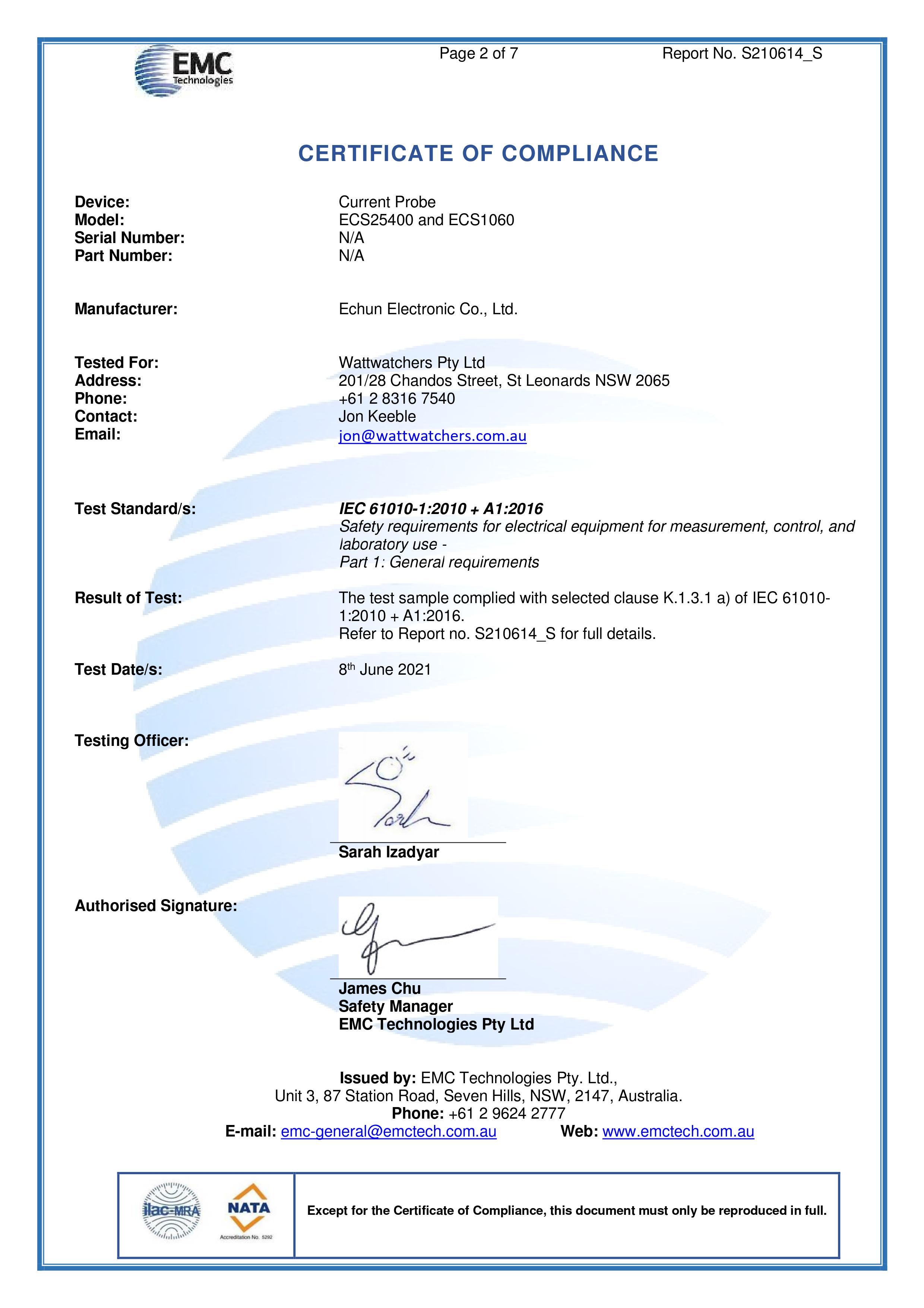 Compliance Certificate for cables of Solar Analytics' Current Transformers